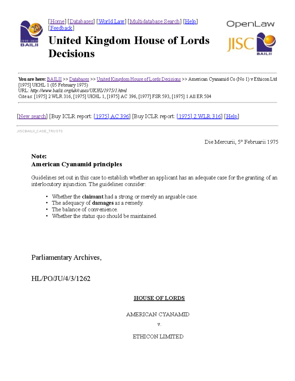 American Cyanamid Co No 1 v Ethicon Ltd 1975 UKHL 1 05 February - [Home ...