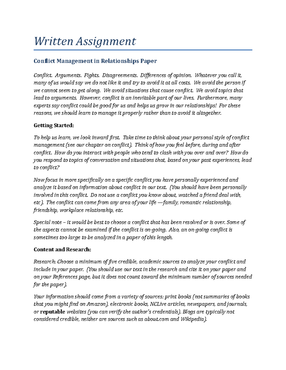 Conflict Management Paper Assignment Page ADA - Written Assignment ...