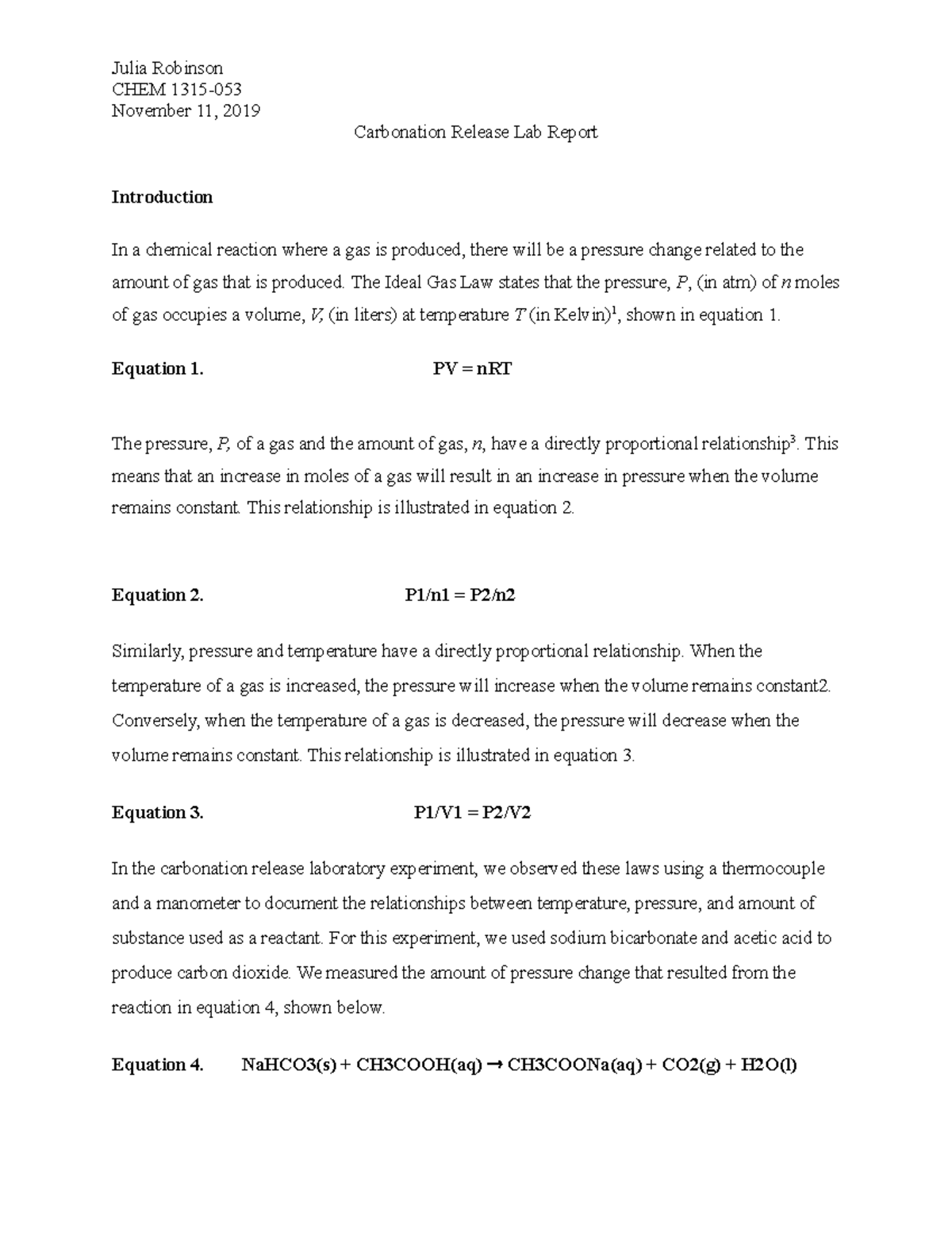 Carbonation Release Lab Report - CHEM 1315- November 11, 2019 ...