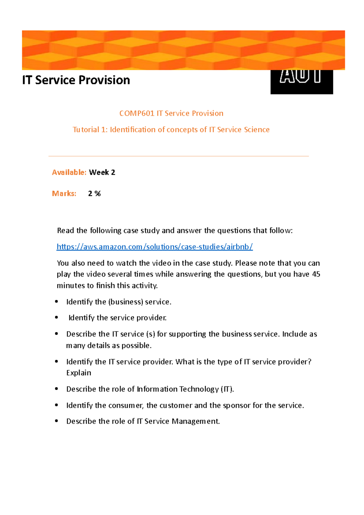 ITSP S1 2021 Tutorial 1 - IT Service Provision COMP601 IT Service Provision Tutorial 1: - Studocu