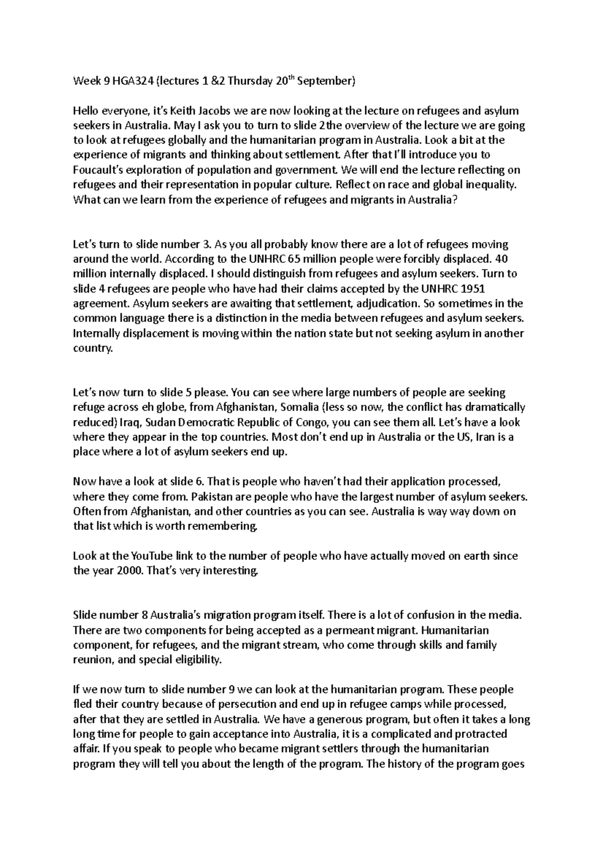 HGA324 Week 9 1 2 - Lecture transcript - Week 9 HGA324 (lectures 1 &2 Thursday 20th September ...