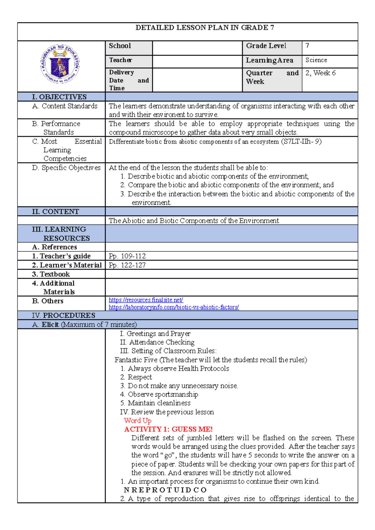 Lesson planning science - DETAILED LESSON PLAN IN GRADE 7 School Grade ...