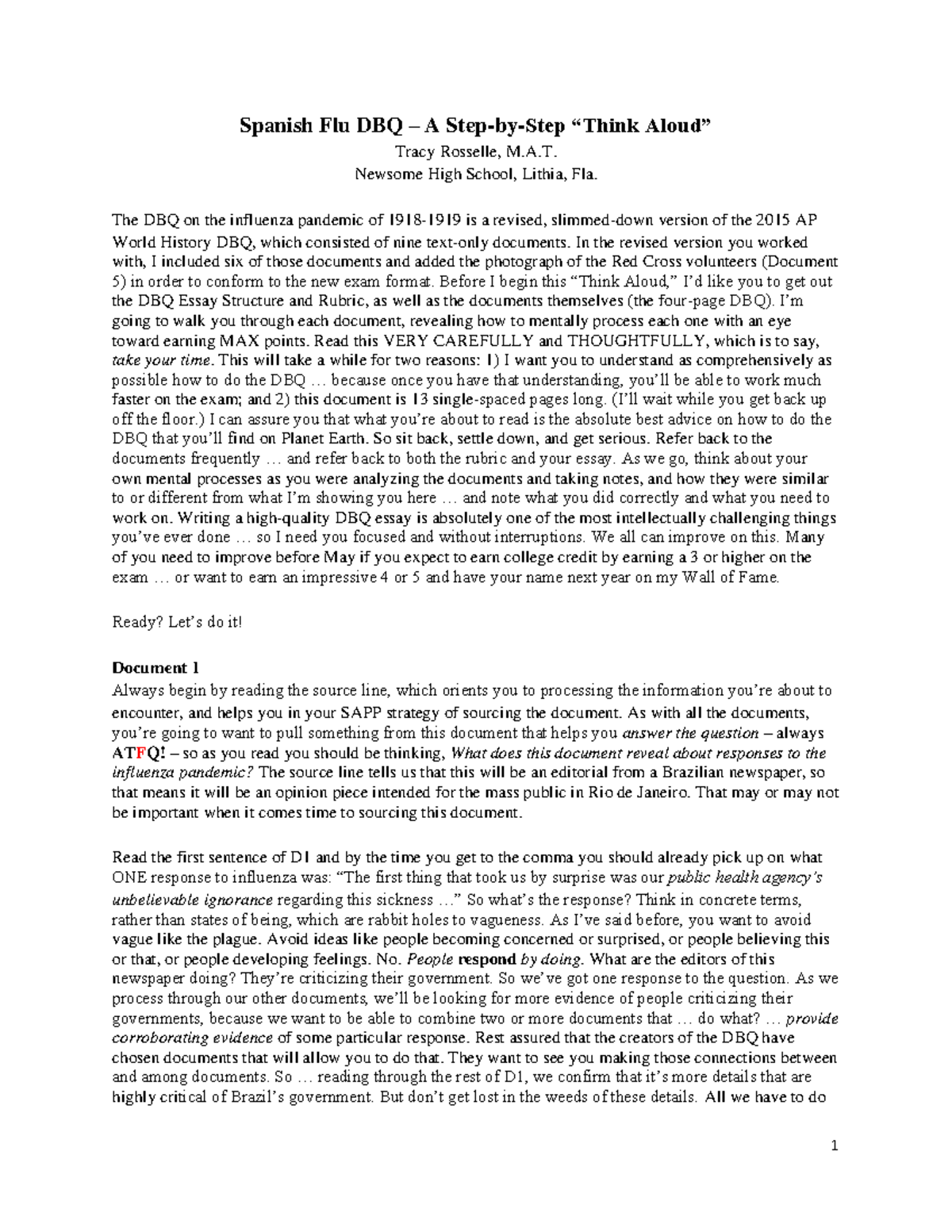 Spanish flu DBQ think aloud - Spanish Flu DBQ – A Step-by-Step “Think ...