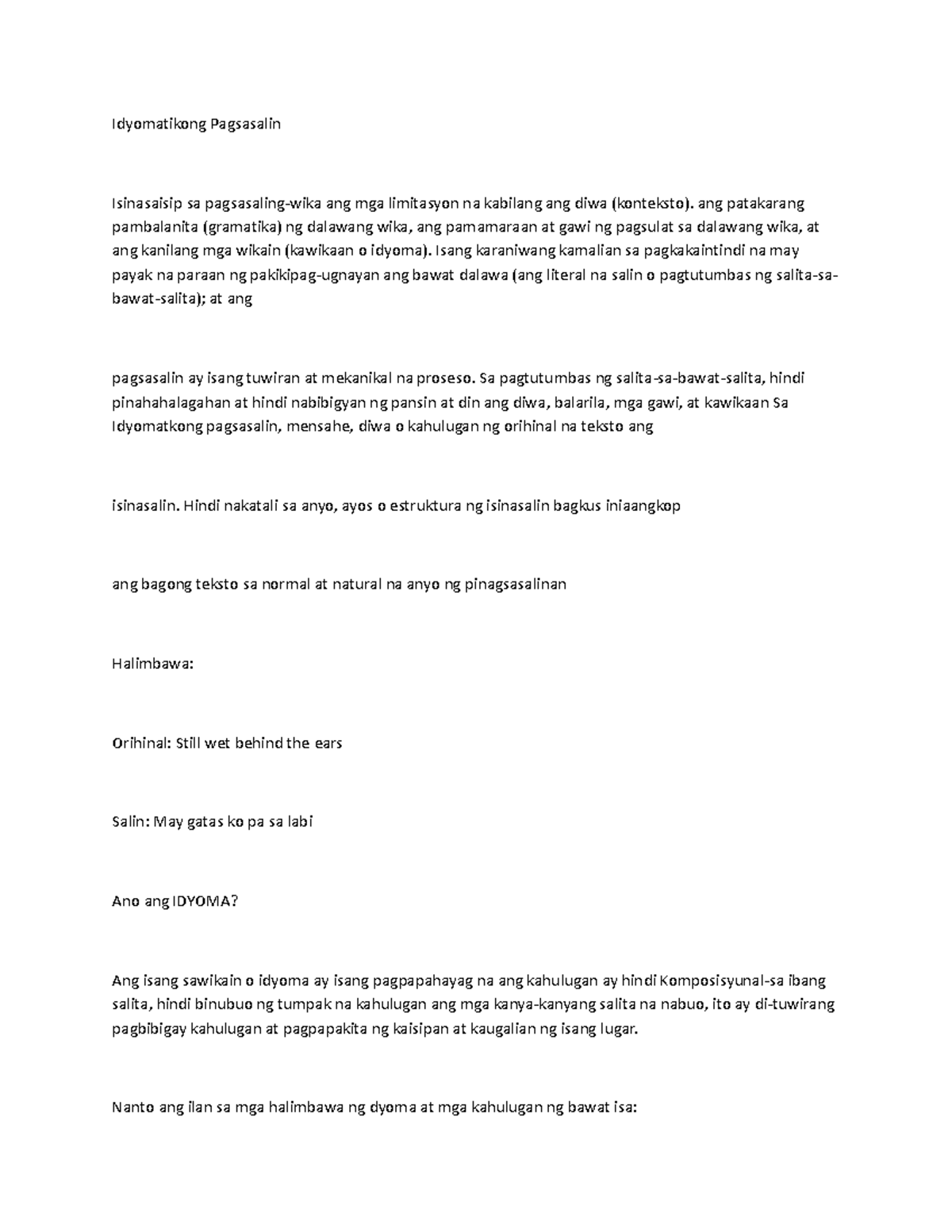 Idiomatic expression - Idyomatikong Pagsasalin Isinasaisip sa ...