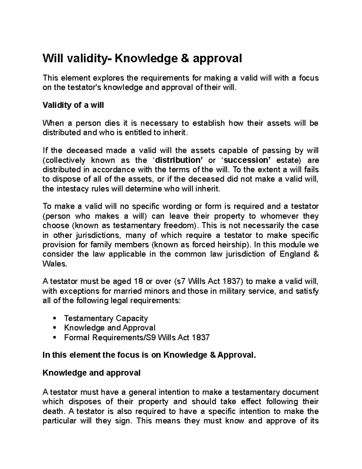 Will validity- Knowledge and approval - Will validity- Knowledge ...