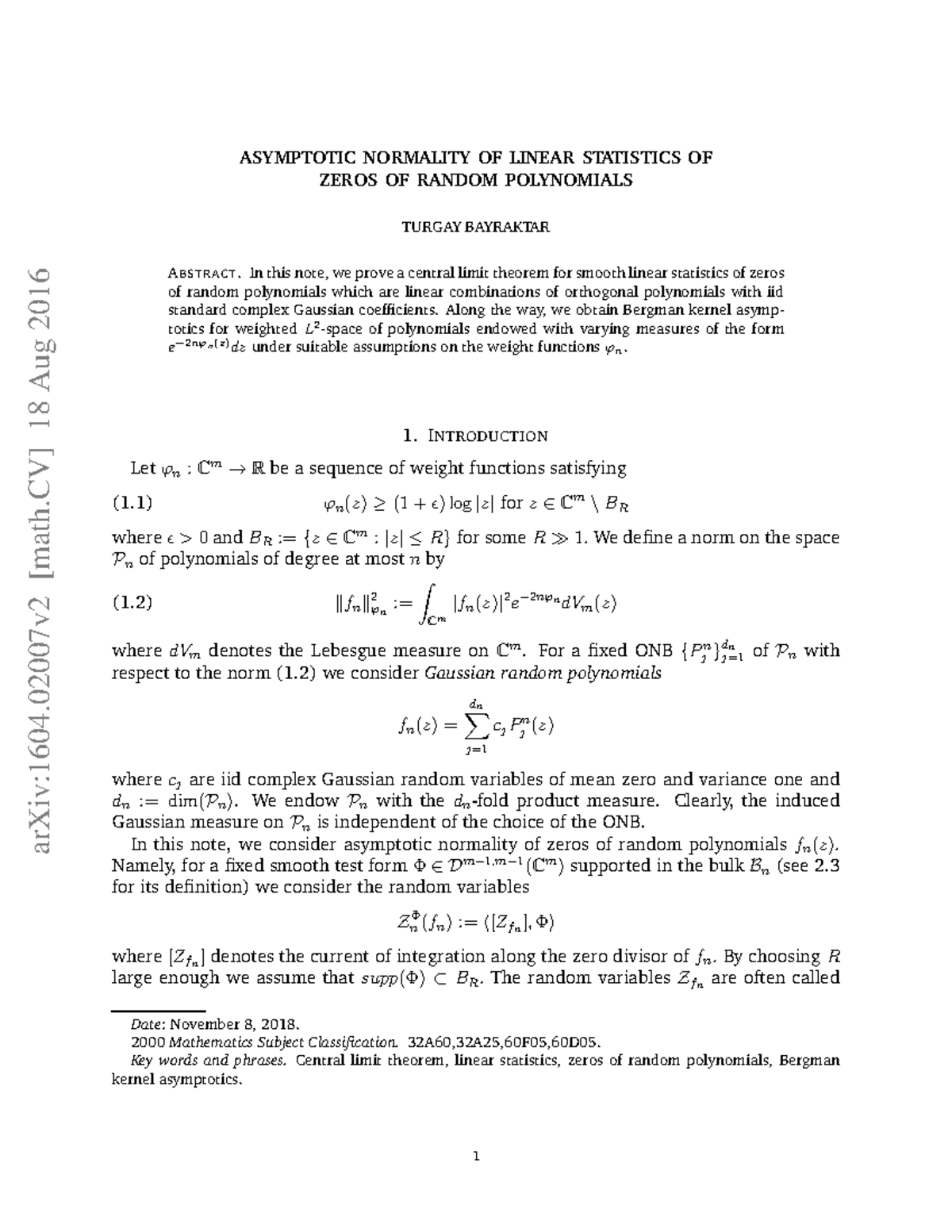 1604 - Cours - arXiv:1604 [math] 18 Aug 2016 ASYMPTOTIC NORMALITY OF LINEAR STATISTICS OF ZEROS ...