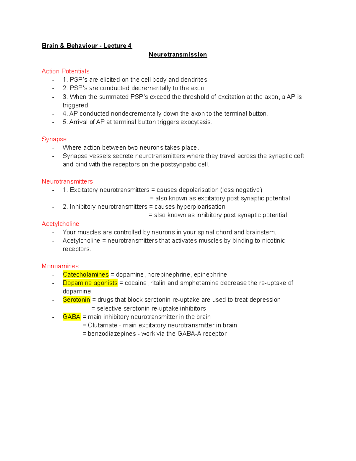 Brain and behaviour - lecture 4 neurotransmission - Brain & Behaviour - Lecture 4 - Studocu