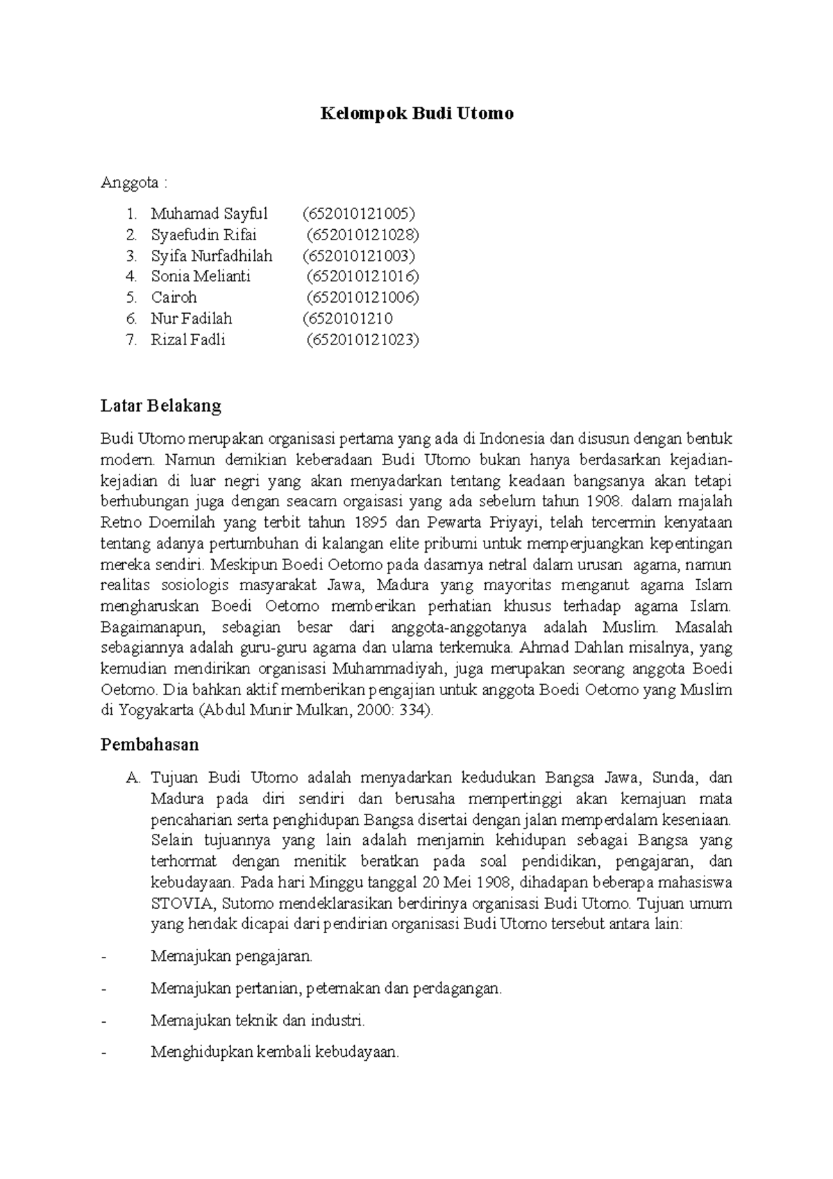 Kelompok Budi Utomo - Group essay on political thought - Kelompok Budi ...