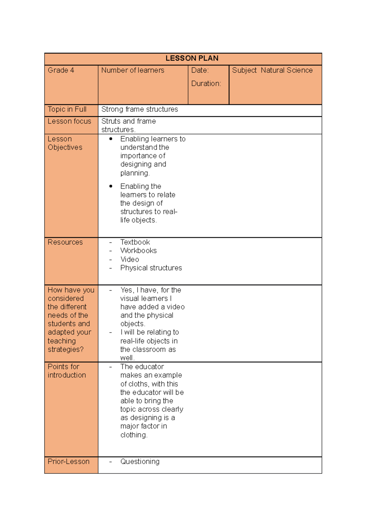 Structures - LESSON PLAN Grade 4 Number of learners Date: Duration ...
