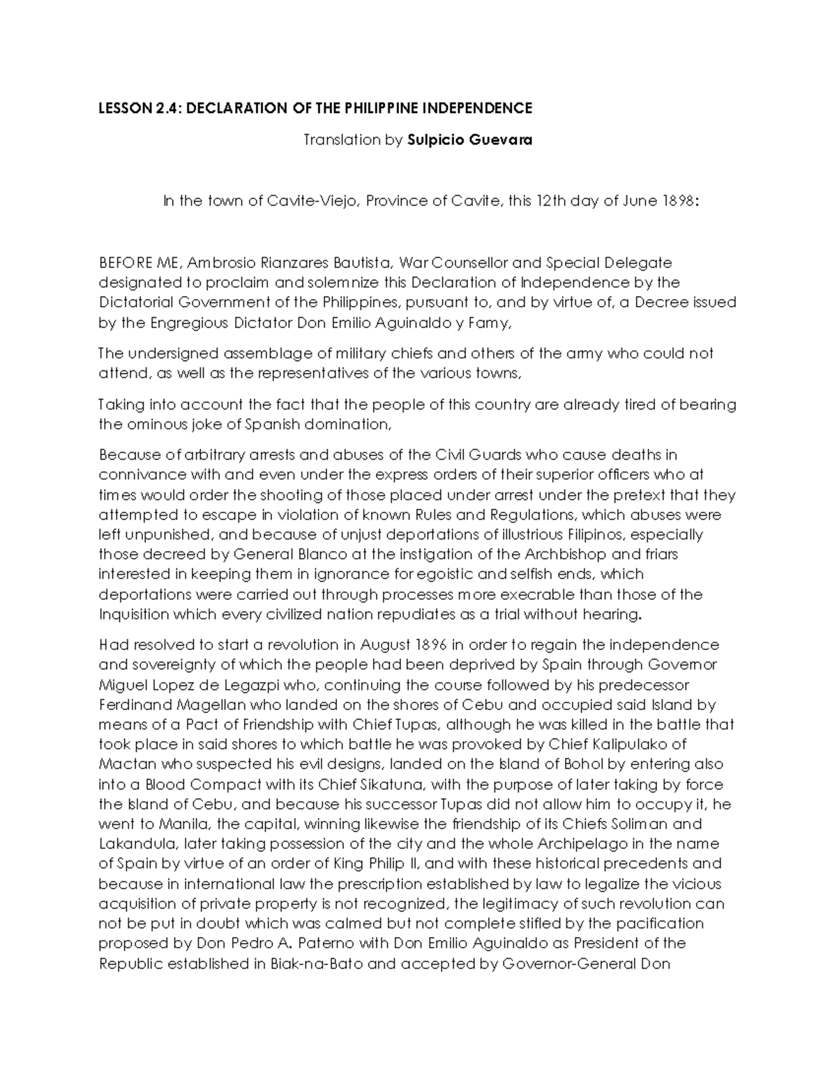 Lesson 2 - N/A - LESSON 2: DECLARATION OF THE PHILIPPINE INDEPENDENCE ...