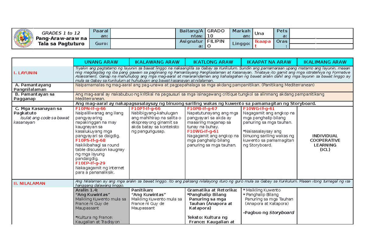 4 DLL IN Filipino 10. Aralin 1 - GRADES 1 to 12 Pang-Araw-araw na Tala ...