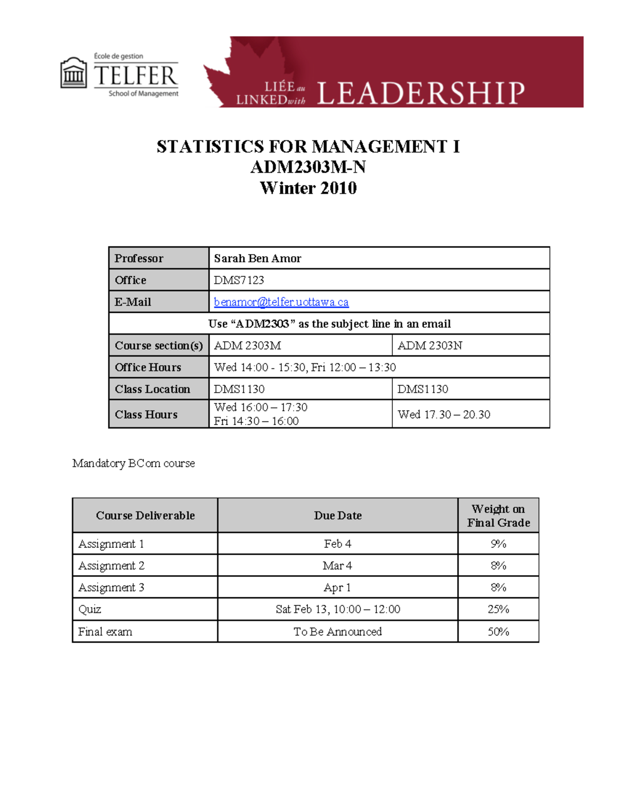 Course outline adm2303m-n W10 - STATISTICS FOR MANAGEMENT I Winter 2010 ...