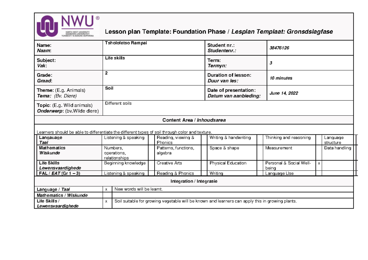 38476126 LSKS1112021 Assignment 1 - Lesson plan Template: Foundation ...