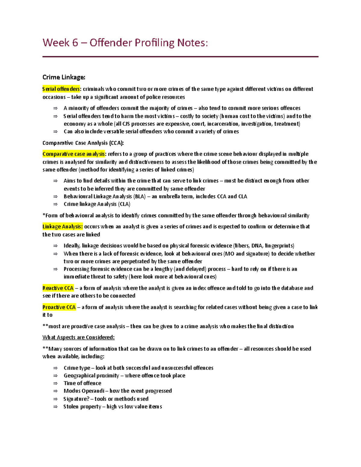 Week 6 notes - Prof: Dr Vettor - Week 6 – Offender Profiling Notes ...