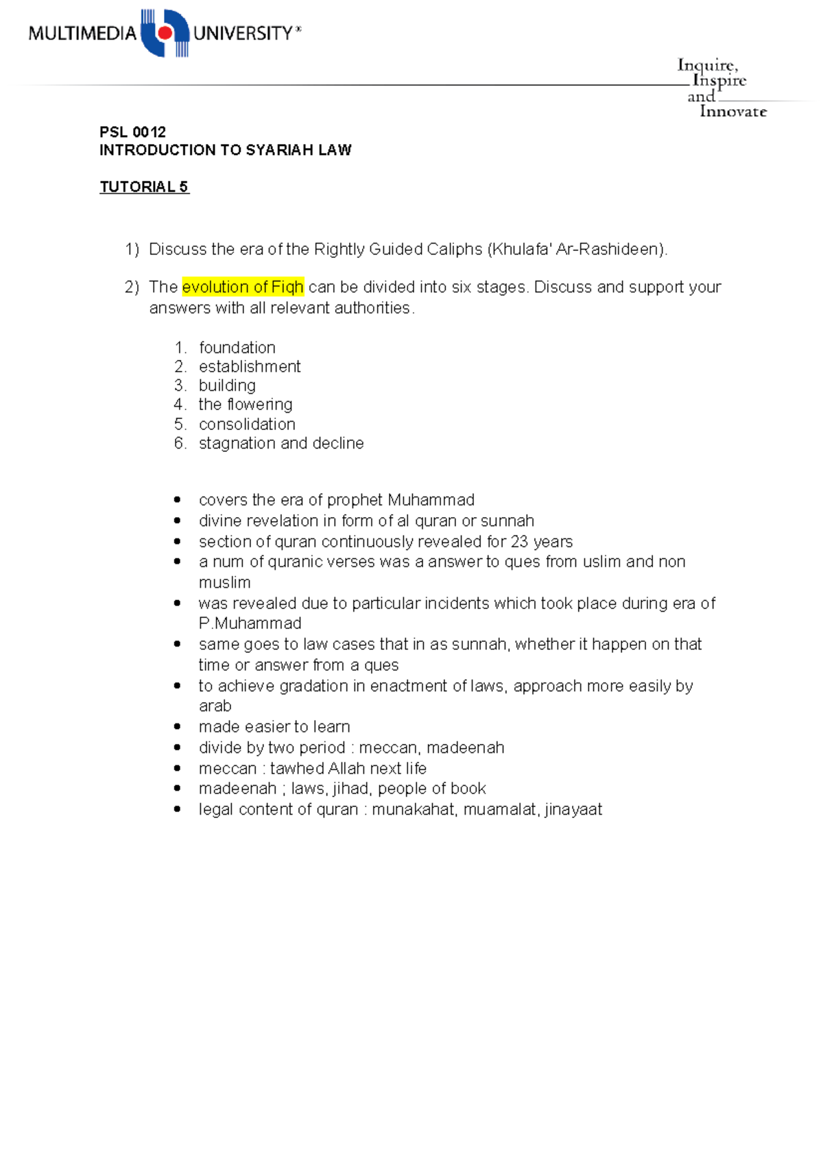 Tutorial 5 syariah - PSL 0012 INTRODUCTION TO SYARIAH LAW TUTORIAL 5 1 ...