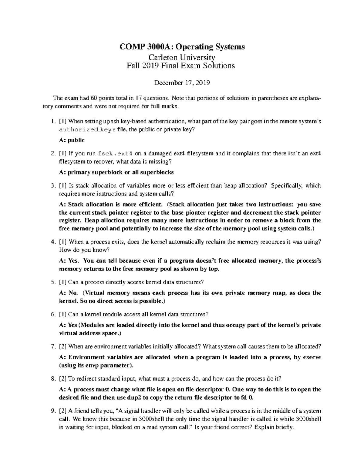Exam 2019 - COMP 3000A: Operating Systems Carleton University Fall 2019 ...