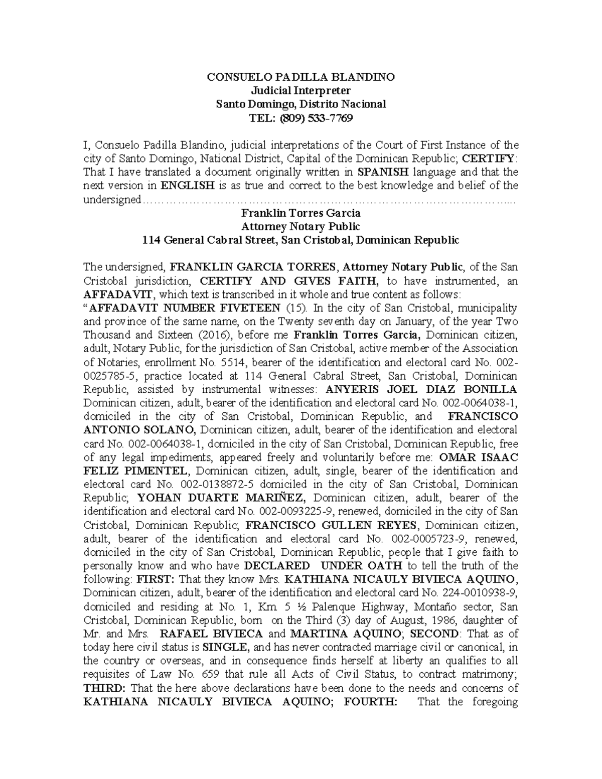 Affadavit - ....... - CONSUELO PADILLA BLANDINO Judicial Interpreter ...