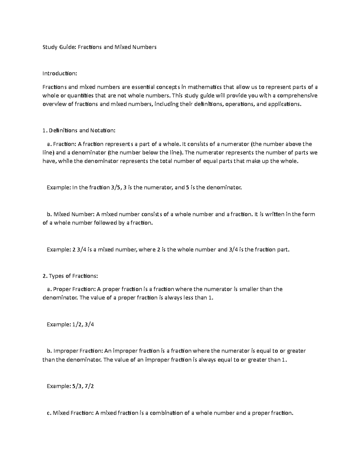 3 Fractions And Mixed Numbers Study Guide Fractions And Mixed