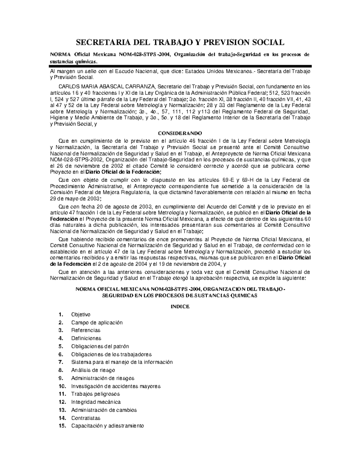 NOM 028 STPS 2004 - general - SECRETARIA DEL TRABAJO Y PREVISION SOCIAL ...