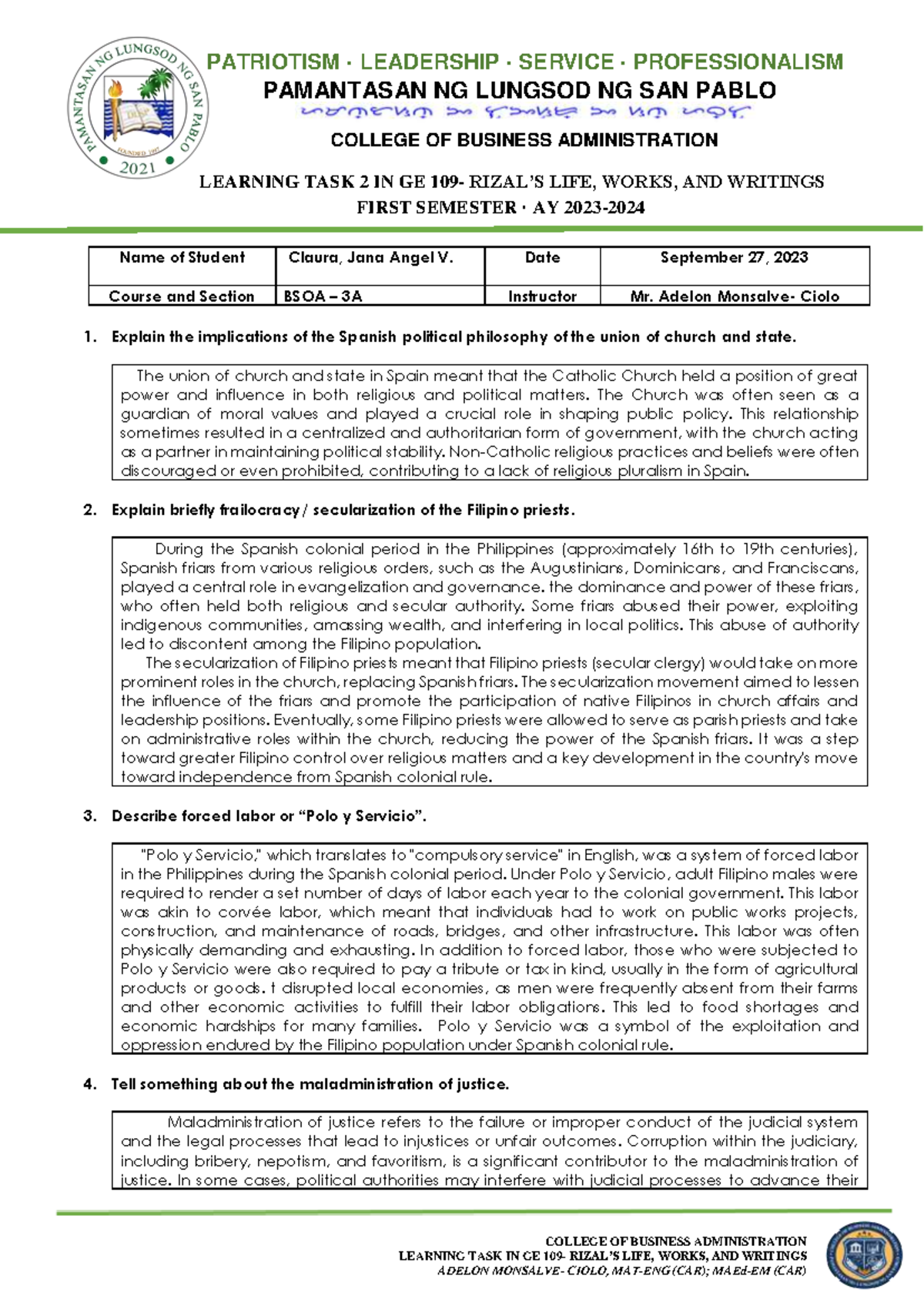 Claura - Learning-Task-in-Rizal-2 - COLLEGE OF BUSINESS ADMINISTRATION LEARNING TASK IN GE 109 ...