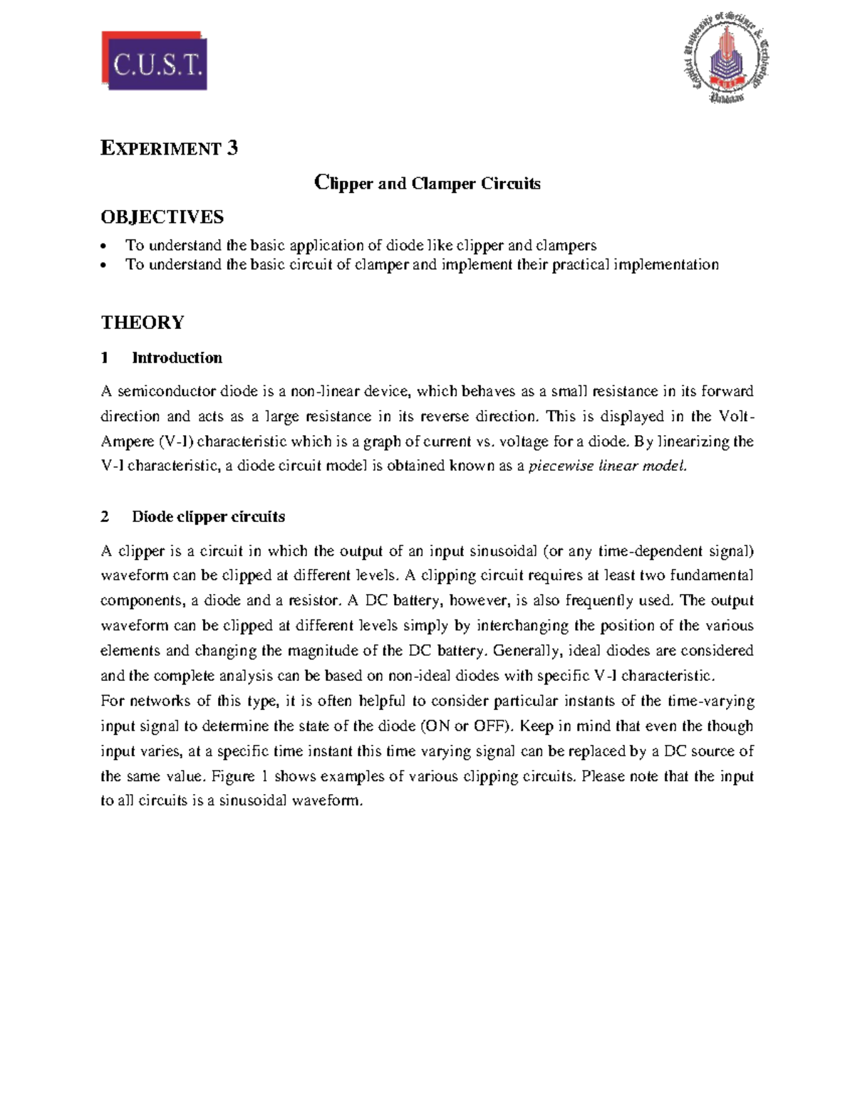 Lab 3- Clipper Clamper Circuits - EXPERIMENT 3 Clipper and Clamper ...