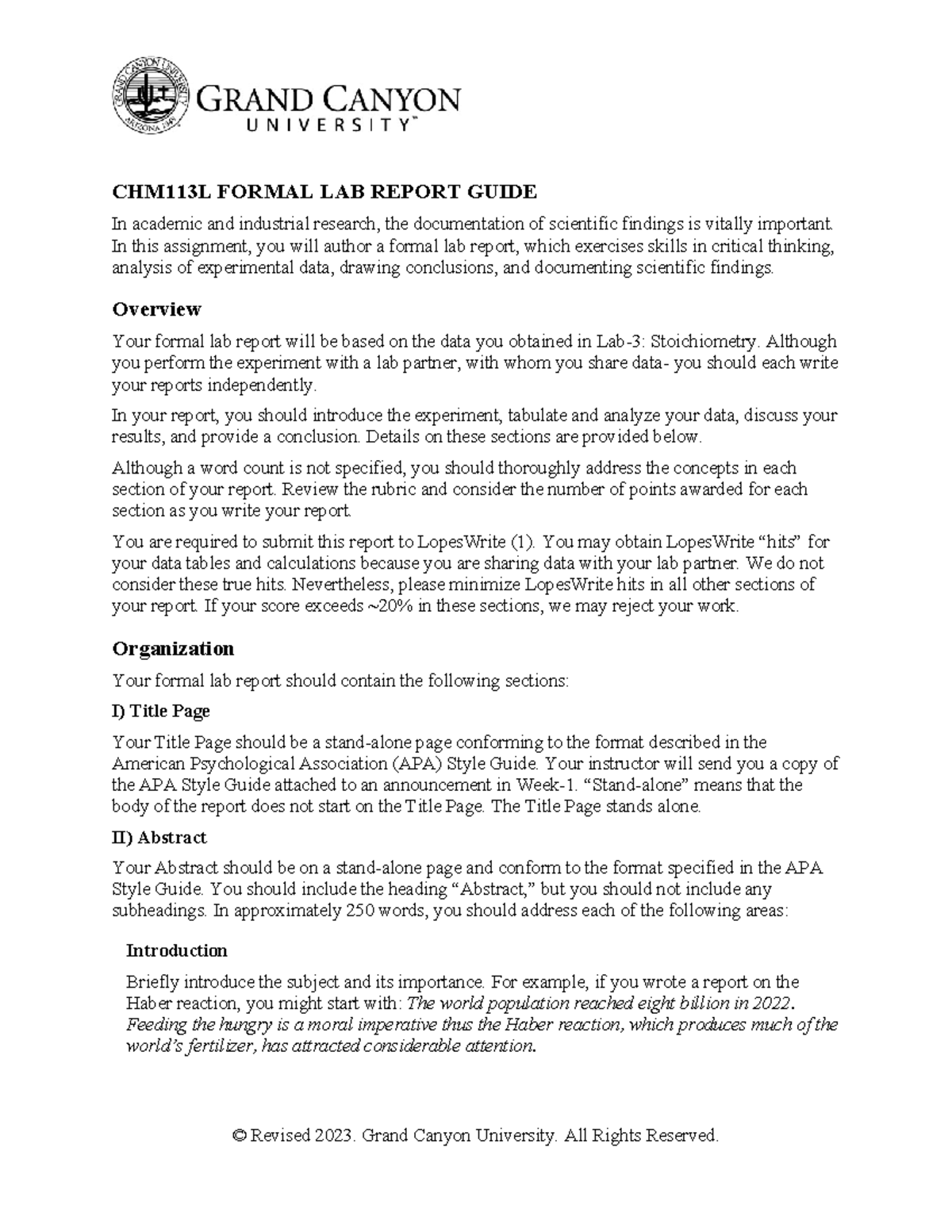 Formal Report Guide FA23 - CHM113L FORMAL LAB REPORT GUIDE In academic ...
