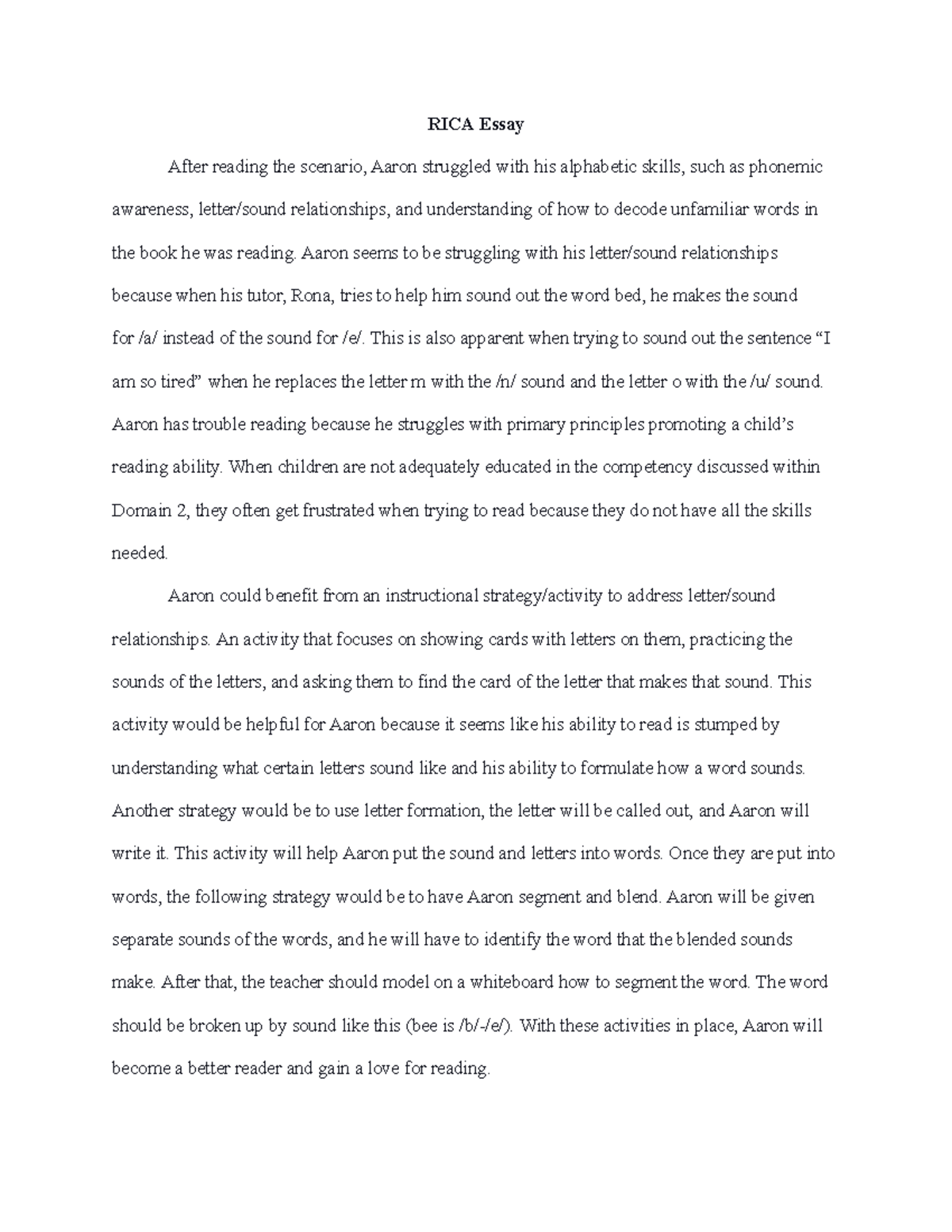 RICA Essay - assignment - RICA Essay After reading the scenario, Aaron ...