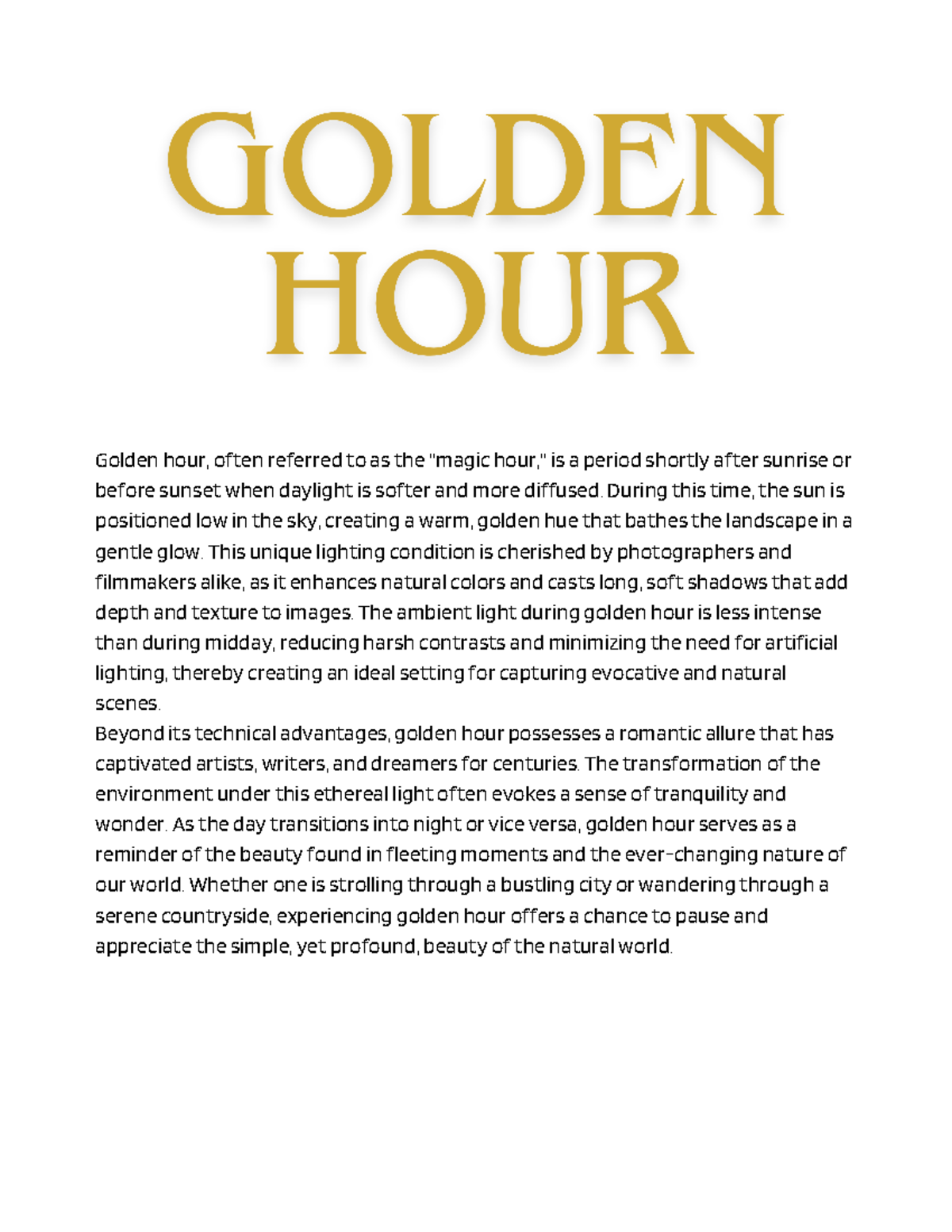 Golden hour - Description - Golden hour, often referred to as the ...
