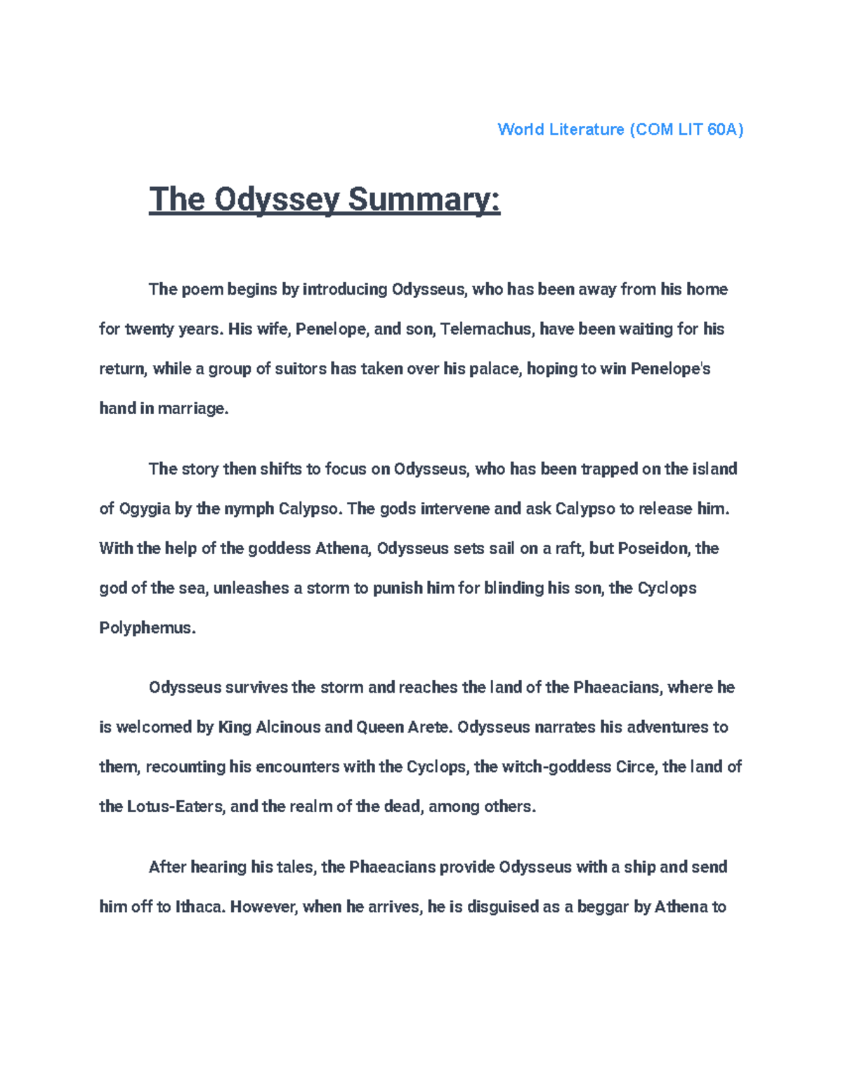 Odyssey Summary World Literature (COM LIT 60A) - World Literature (COM ...