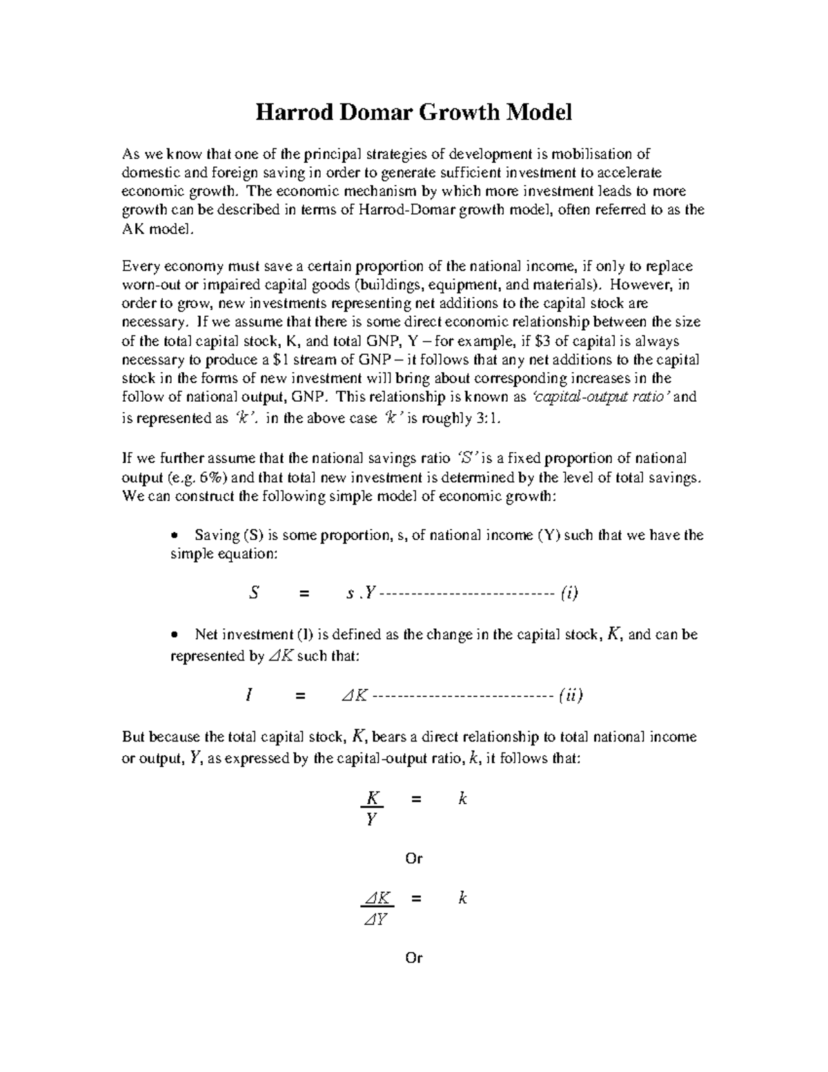 Harrod domar growth model - Harrod Domar Growth Model As we know that ...