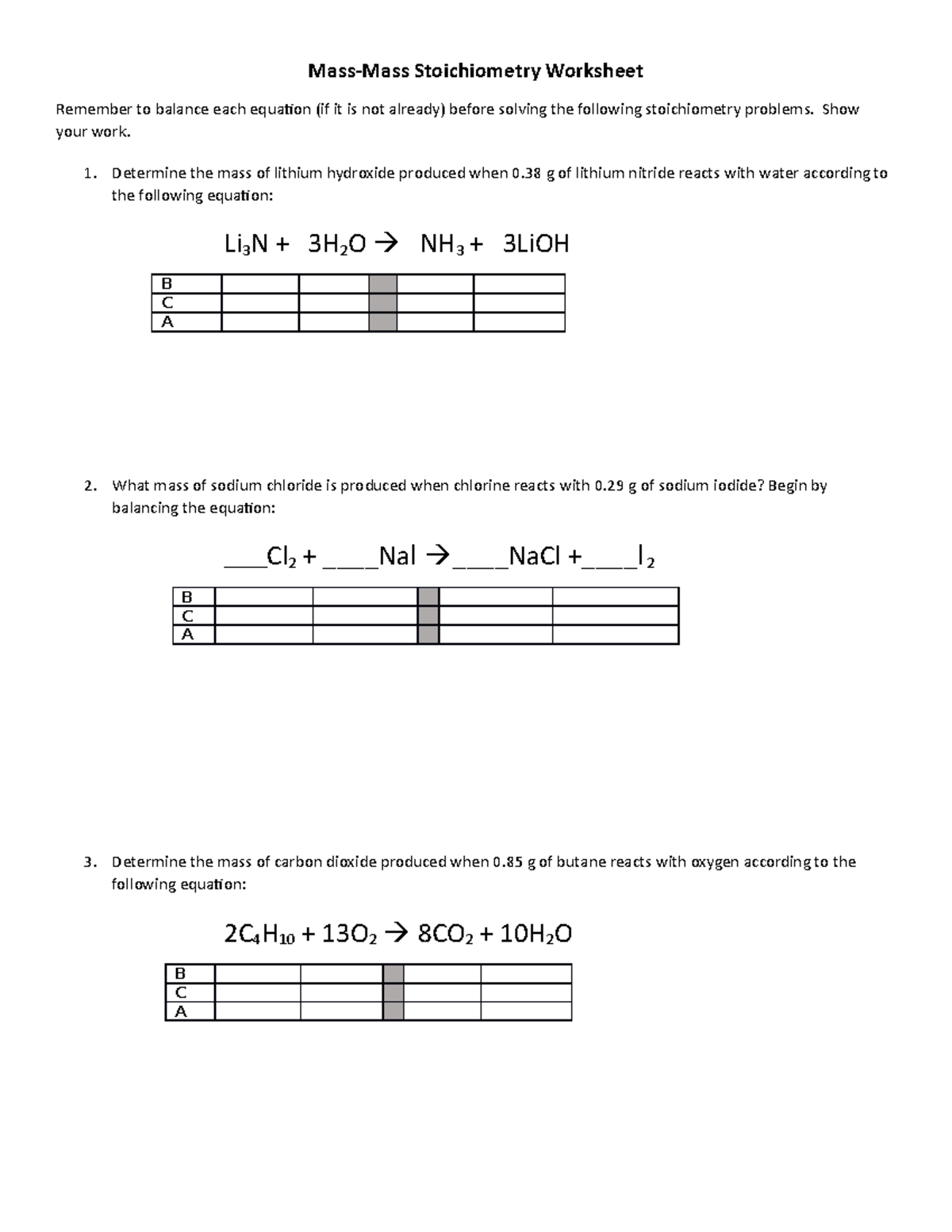 Mass-Mass Stoich worksheet (11-2 with equations) - Mass-Mass ...