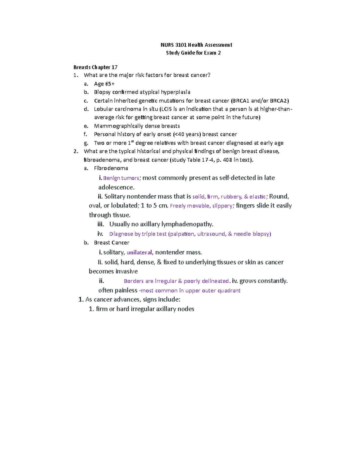 HEALTH assessment NOTES - NURS 3101 Health Assessment Study Guide for ...