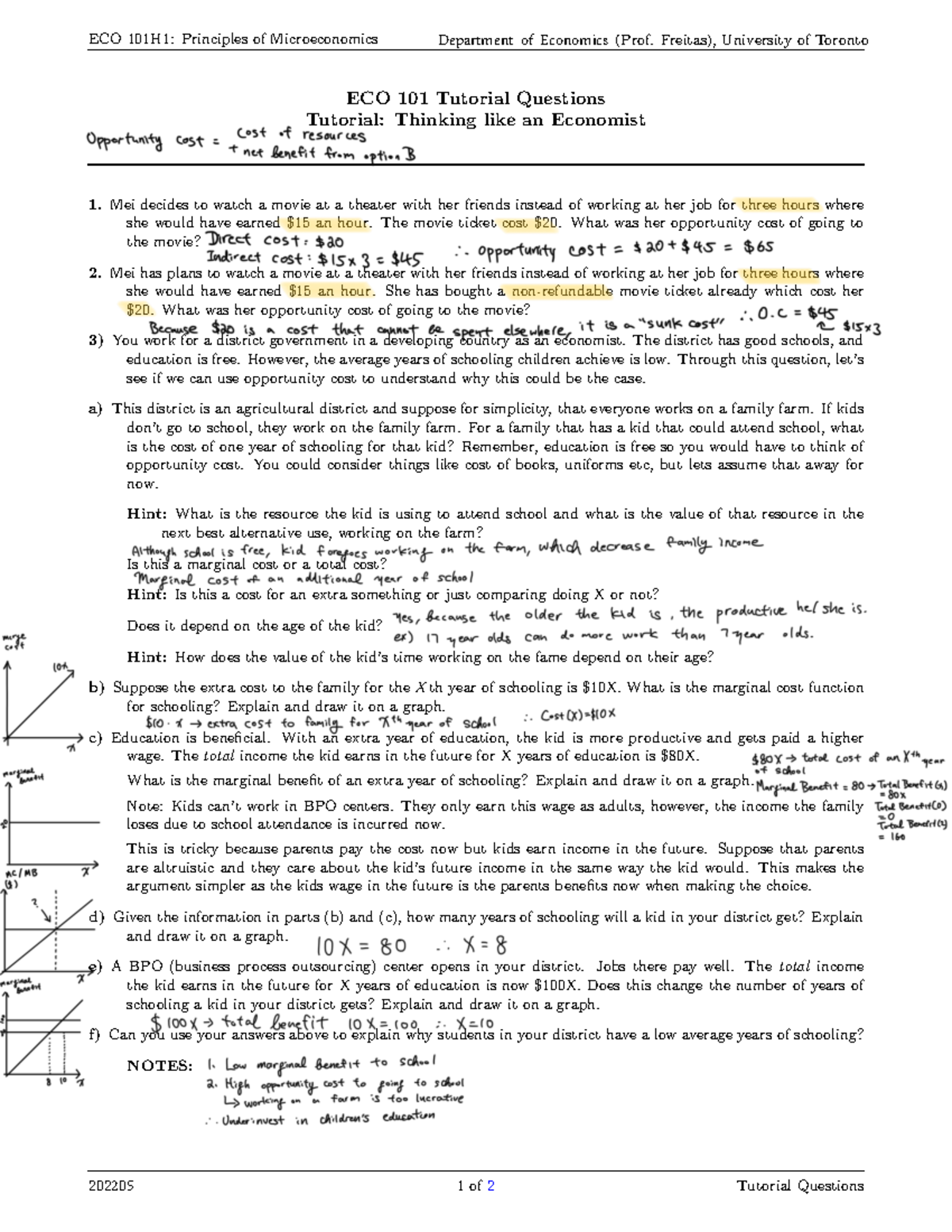 ECO101 Tutorial 1 Questions Thinking Like An Economist - ECO 101H1: Principles of Microeconomics ...