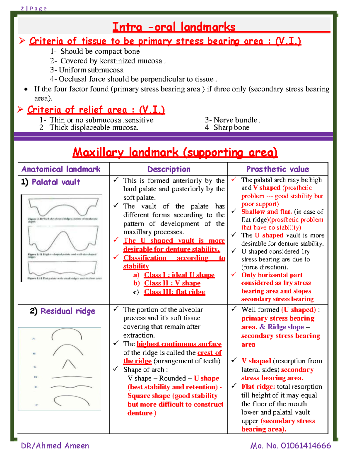 Remove lec 2 Intra oral landmarks - Anatomical landmark Description Prosthetic value 1) Palatal ...