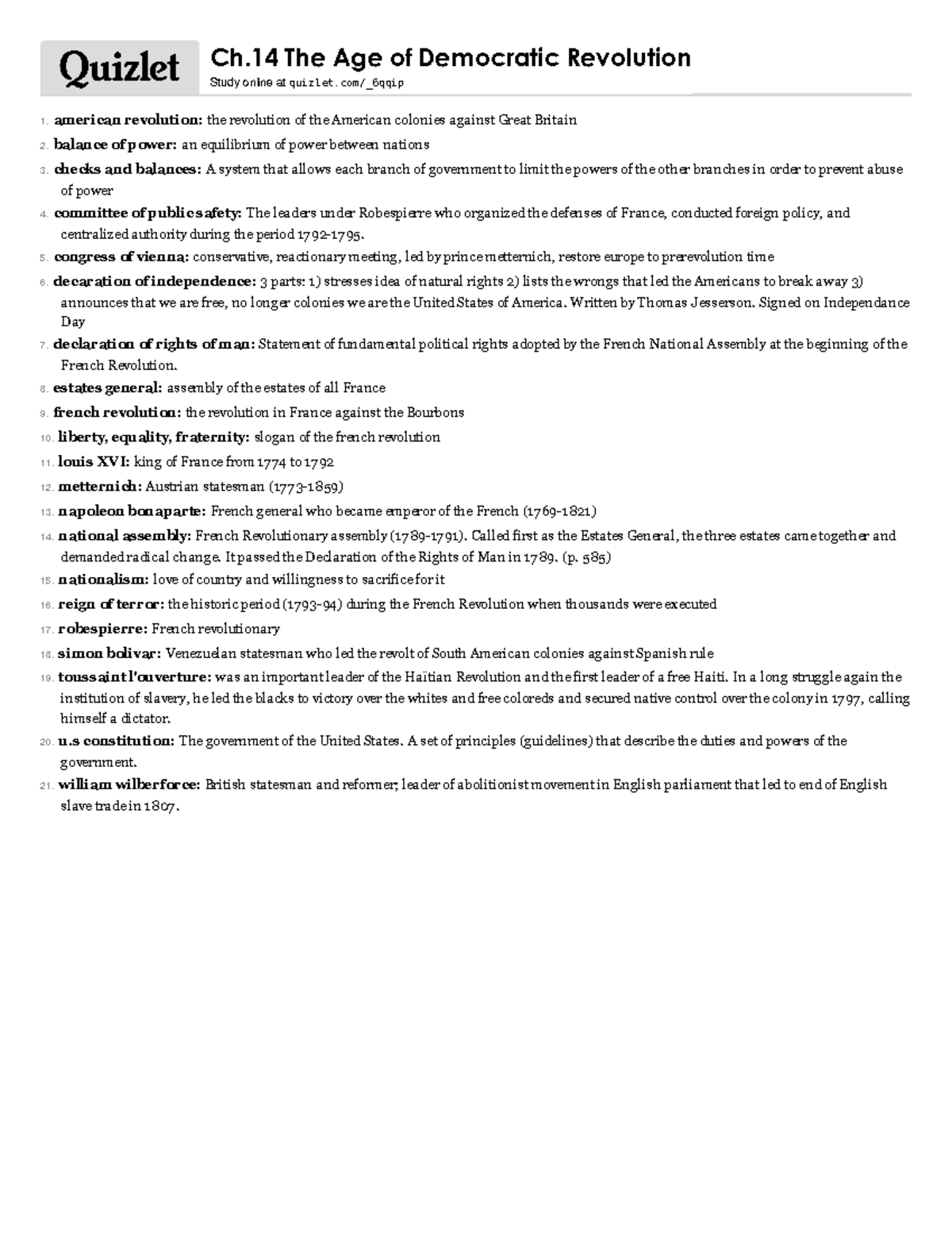 The Age of Democratic Revolution Vocabulary Jarret - 1. american ...