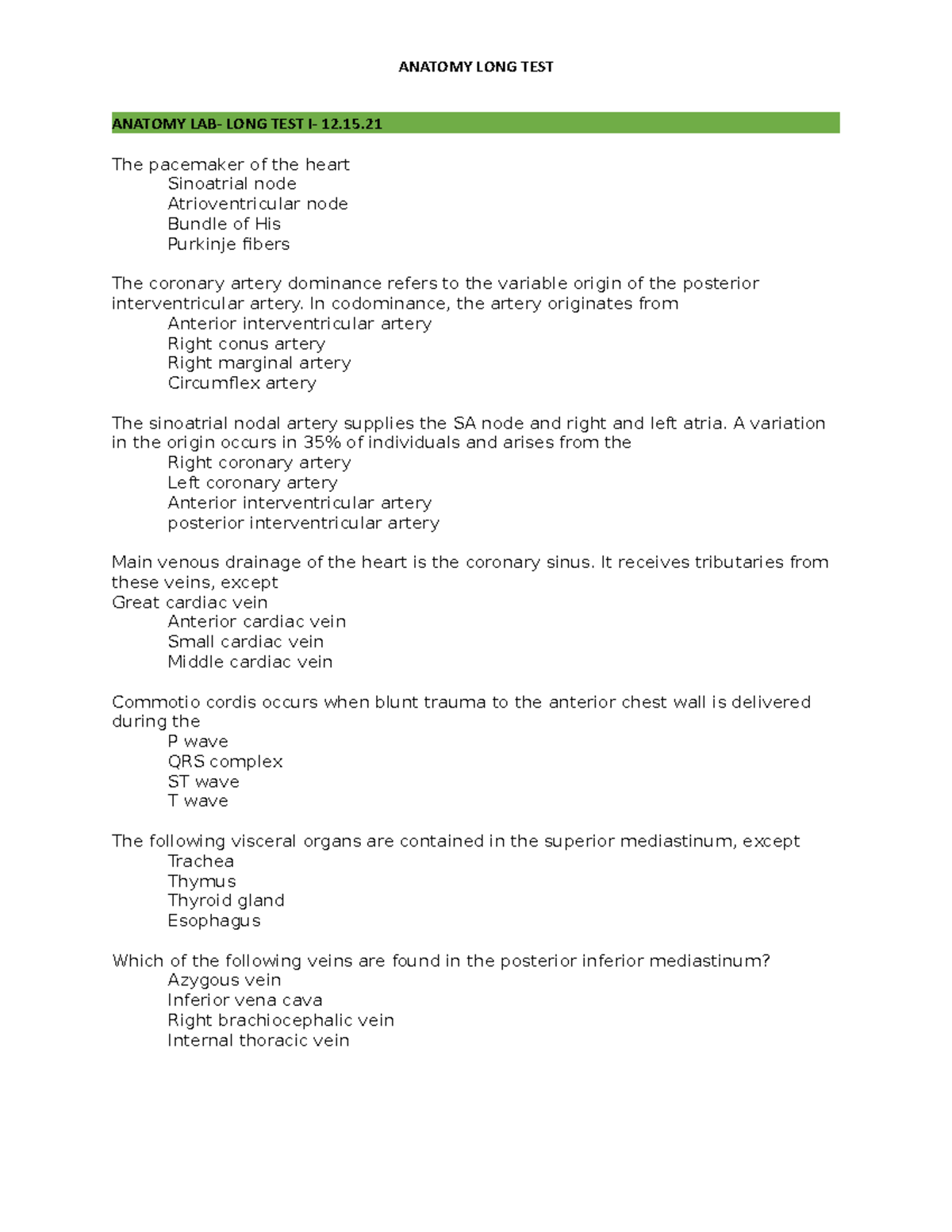 Anatomy LT- Finals - Review questions - ANATOMY LAB- LONG TEST I- 12 ...