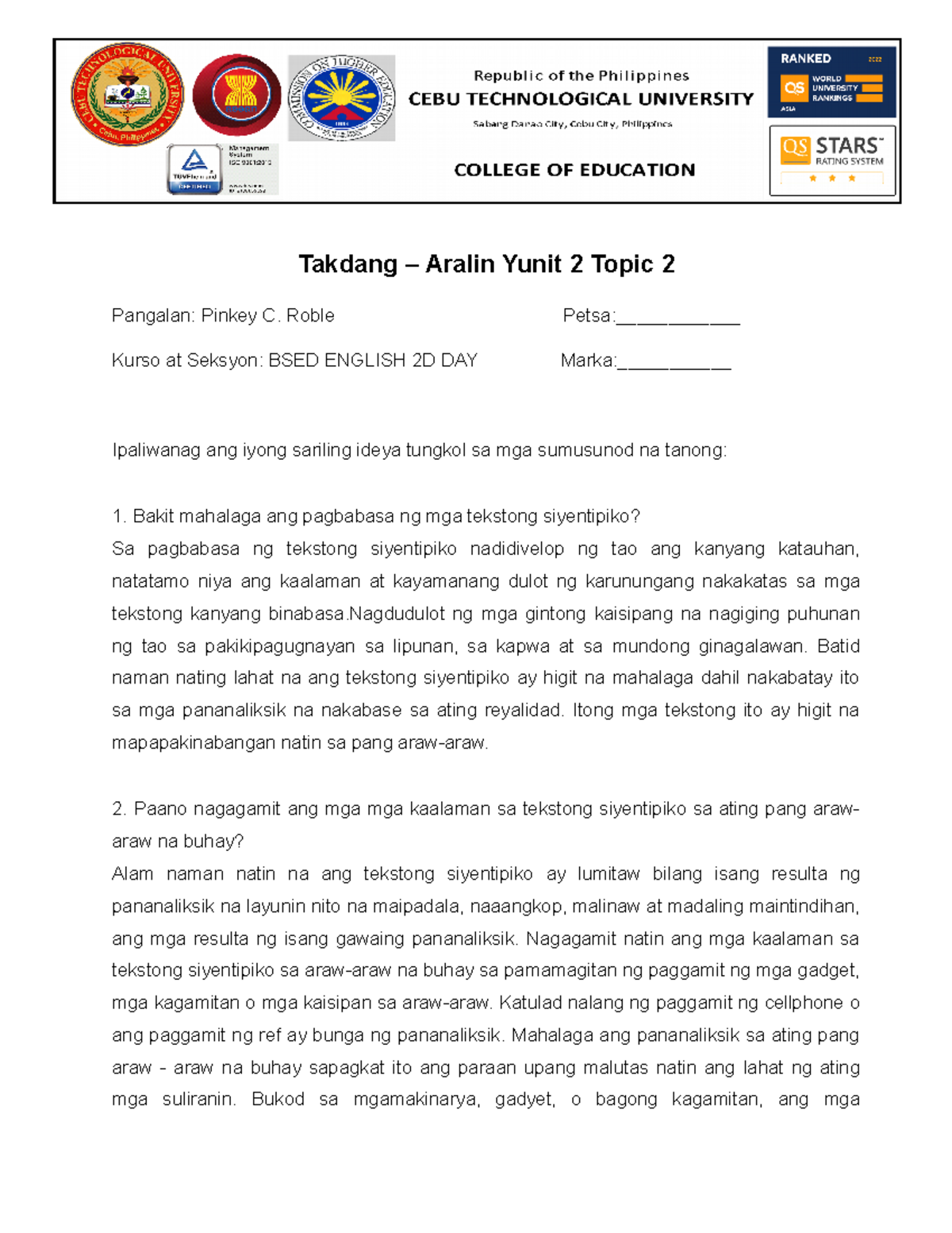 Takdang - Araling (Y2T2) - Takdang – Aralin Yunit 2 Topic 2 Pangalan ...