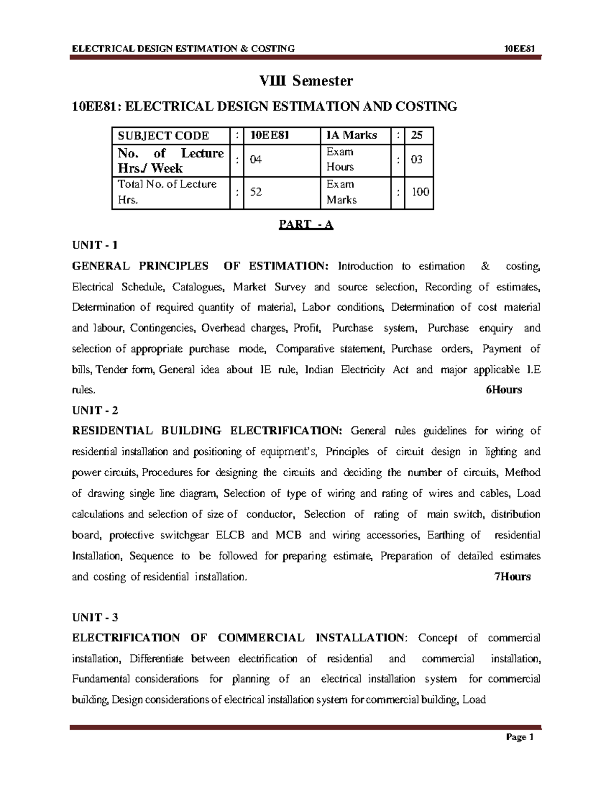 EDEC Notes - VIII Semester 10EE81: ELECTRICAL DESIGN ESTIMATION AND ...