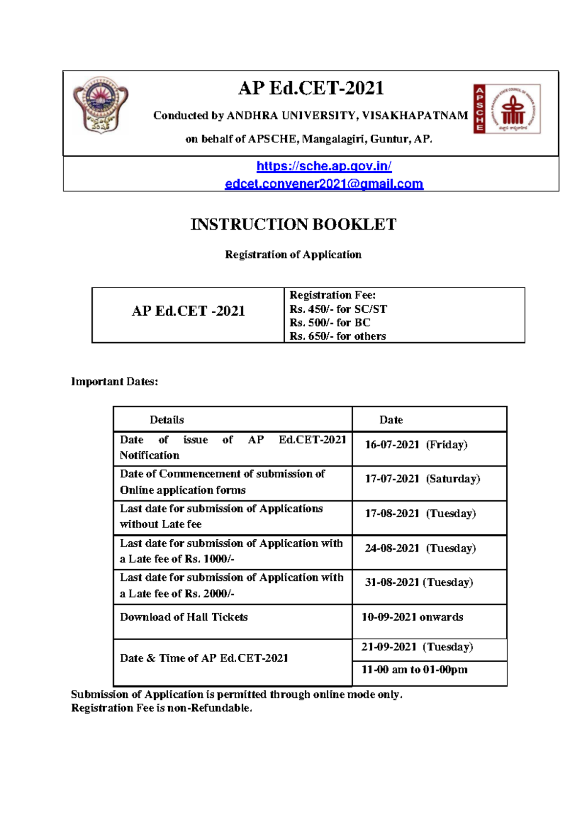 Apedcet 2021 Instruction Booklet - INSTRUCTION BOOKLET Registration of ...
