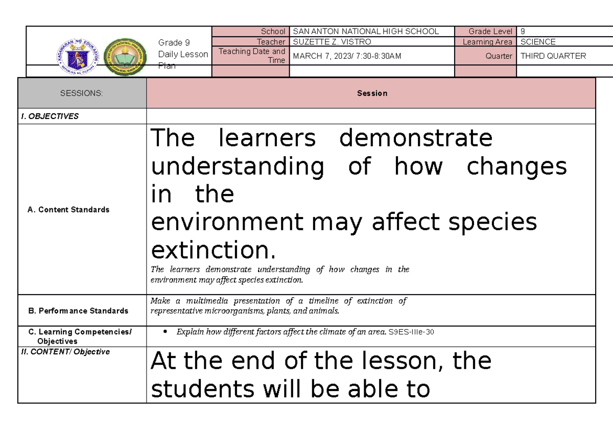 DLP-demo-Q1-science 9 - School SAN ANTON NATIONAL HIGH SCHOOL Grade ...