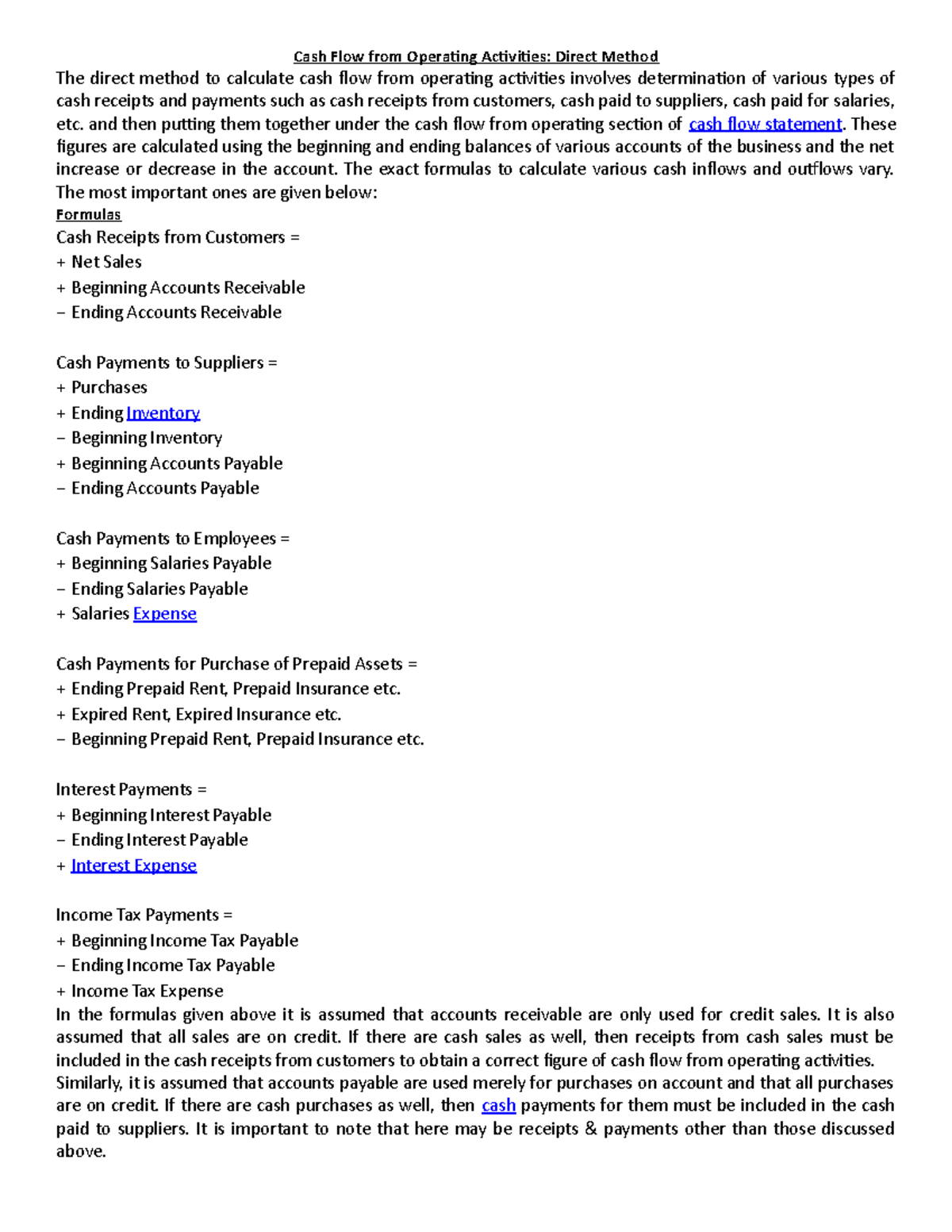 Cash Flow - Direct Method - Cash Flow from Operating Activities: Direct ...