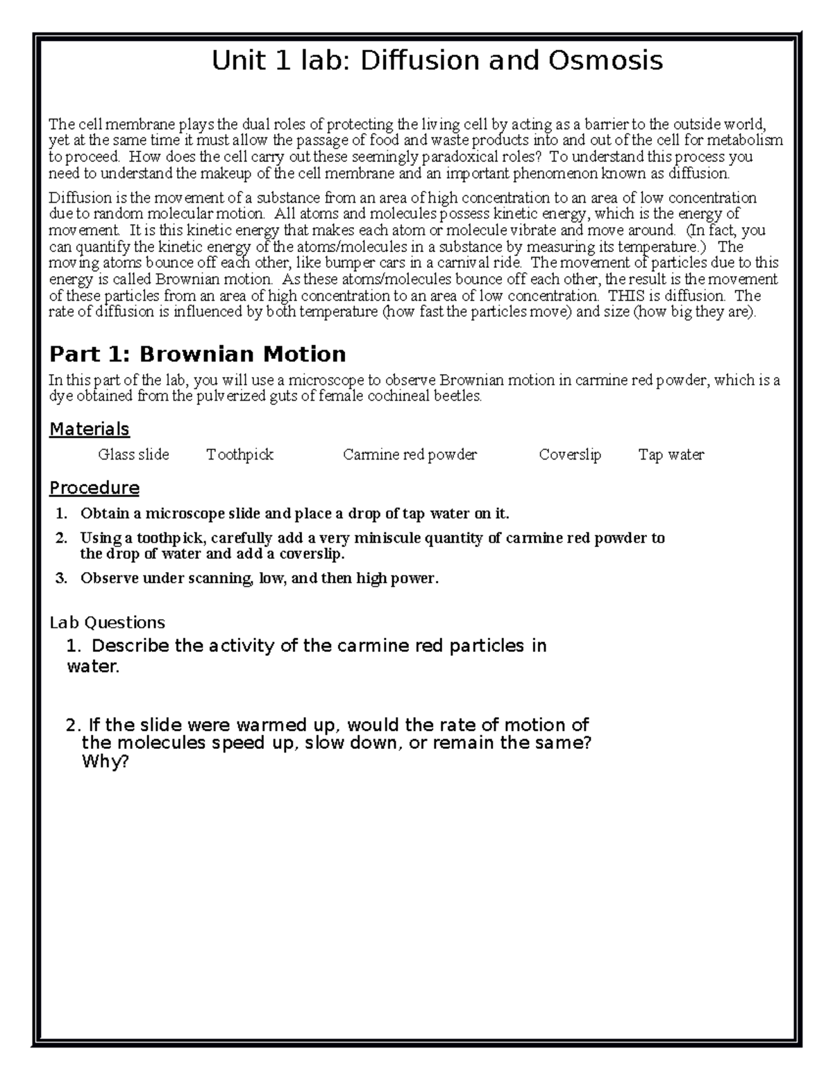Unit 1 Lab - Membrane Diffusion - Unit 1 lab: Diffusion and Osmosis The ...