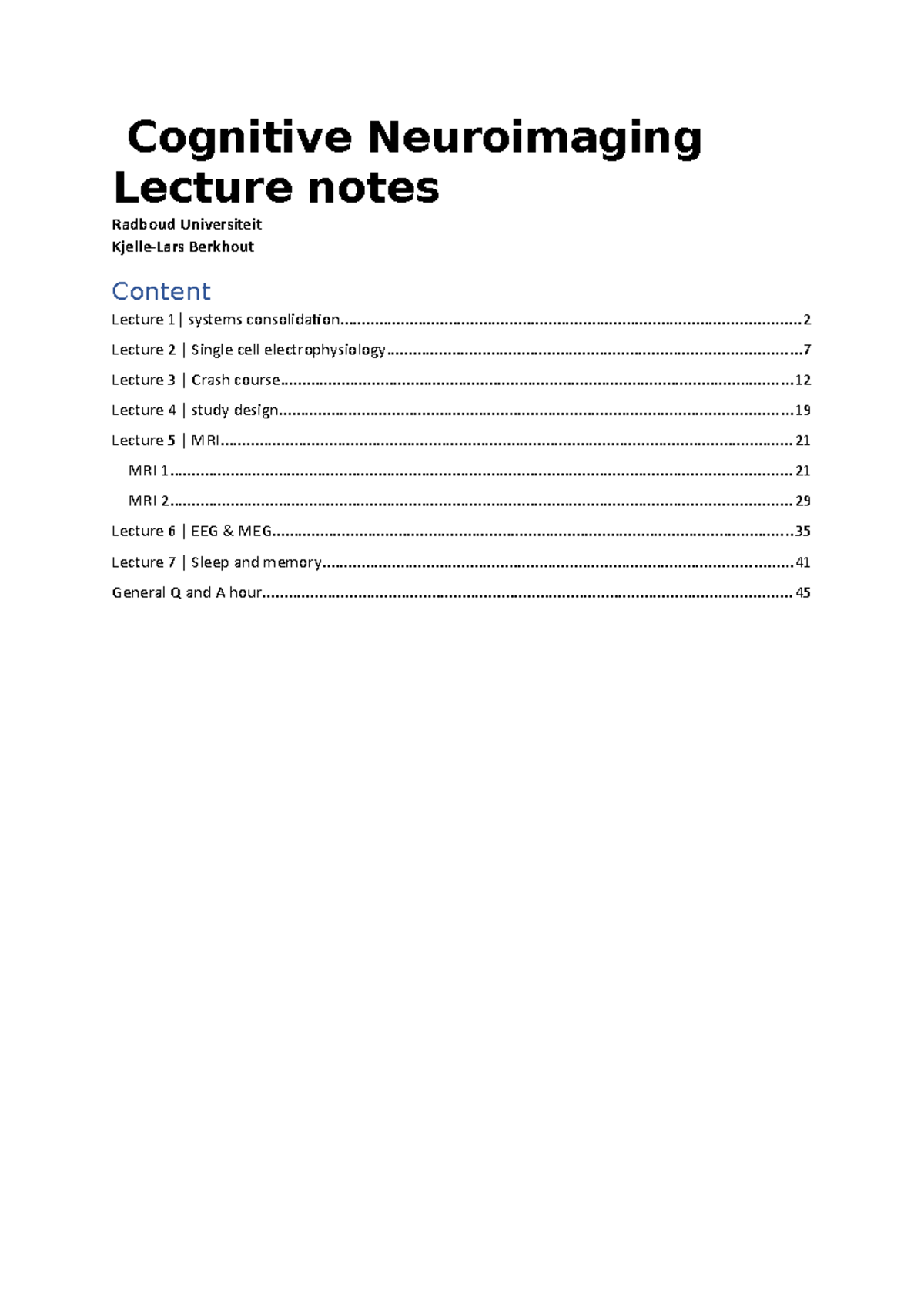 Cognitive neuroimaging lecture notes - Cognitive Neuroimaging Lecture ...