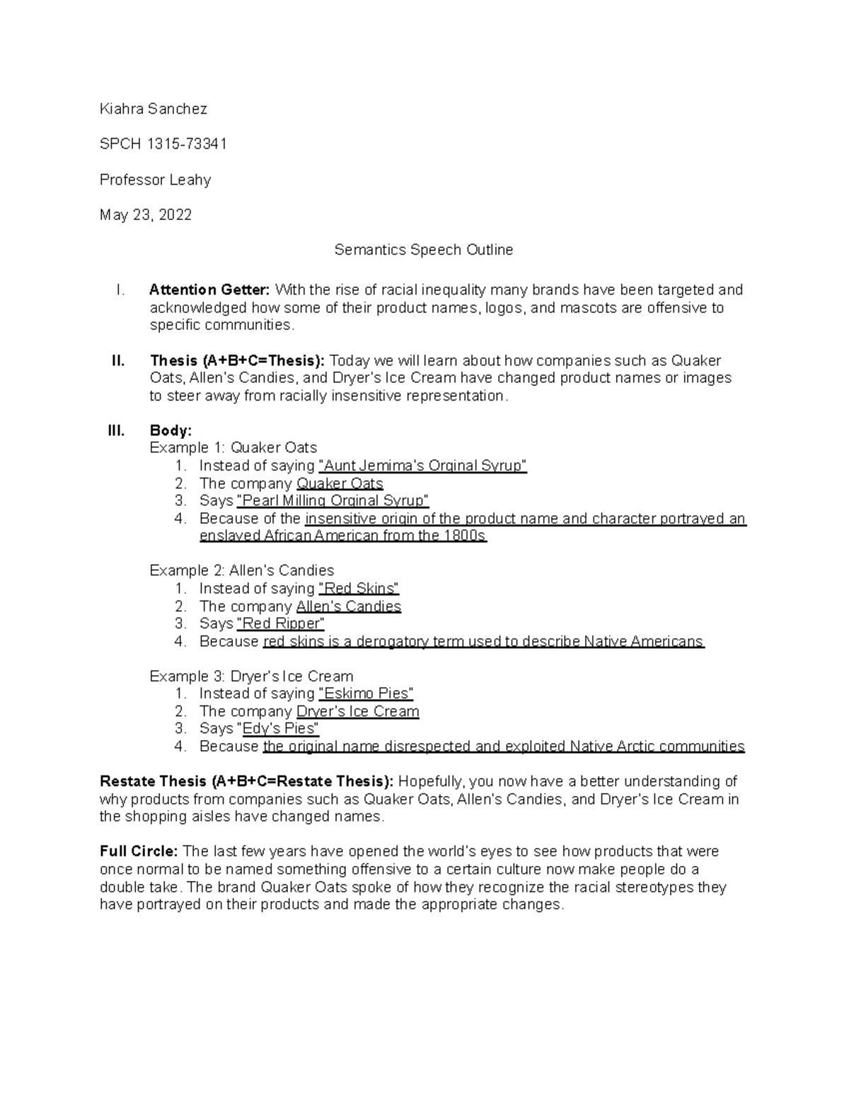 Semantics Speech Outline - Kiahra Sanchez SPCH 1315- Professor Leahy ...