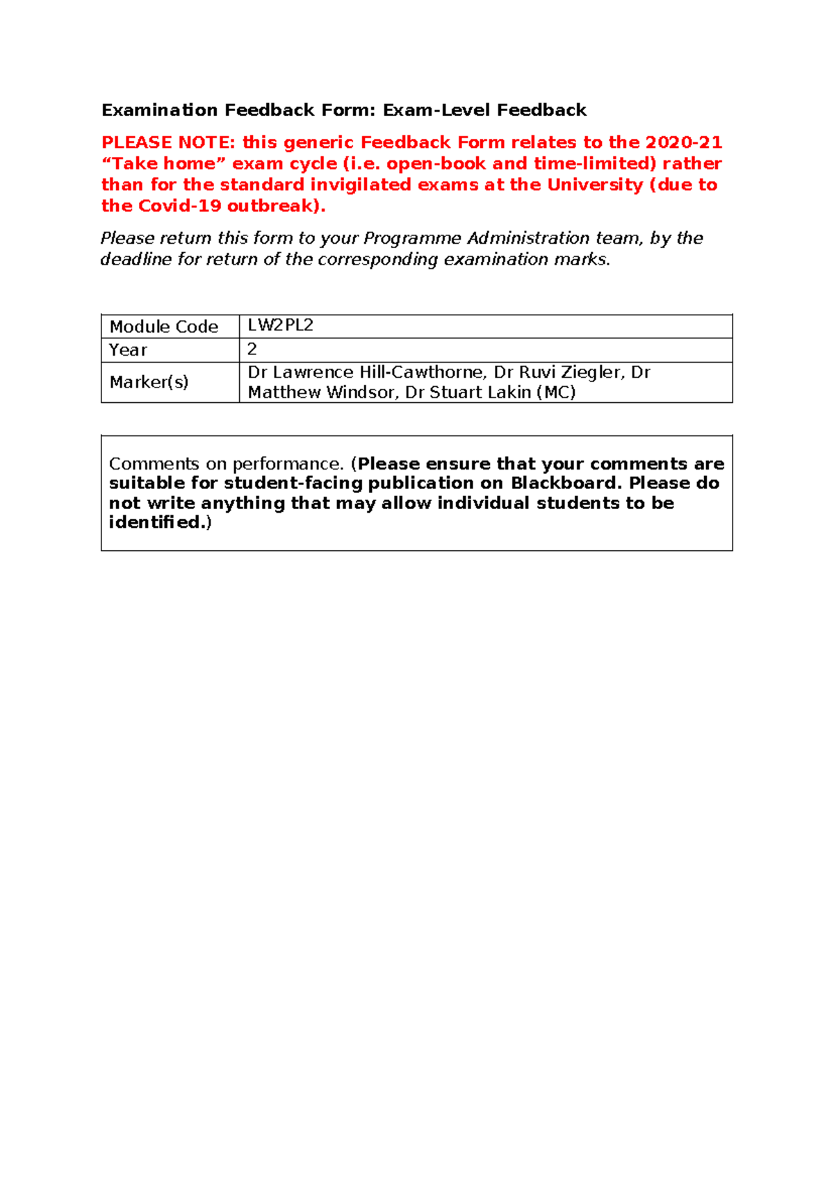 PL2 Exam-Level Feedback Form 2020-21 - Examination Feedback Form: Exam ...