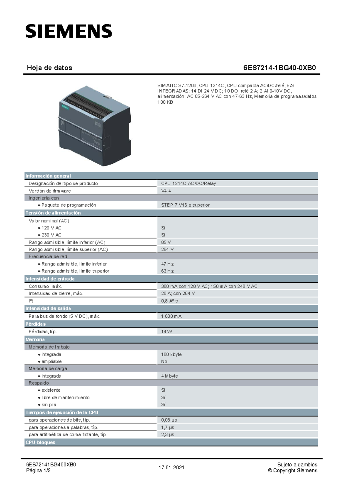 PLC siemens s7-1200 - 6ES72141BG400XB Sujeto a cambios Hoja de datos 6ES7214-1BG40-0XB SIMATIC ...