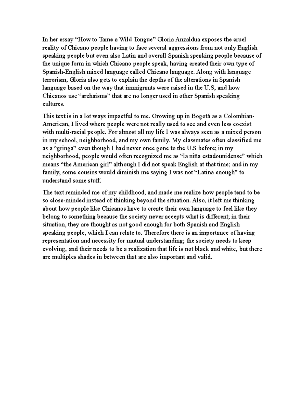 Response to Gloria Anzaldua.WRD 104 X - In her essay “How to Tame a ...