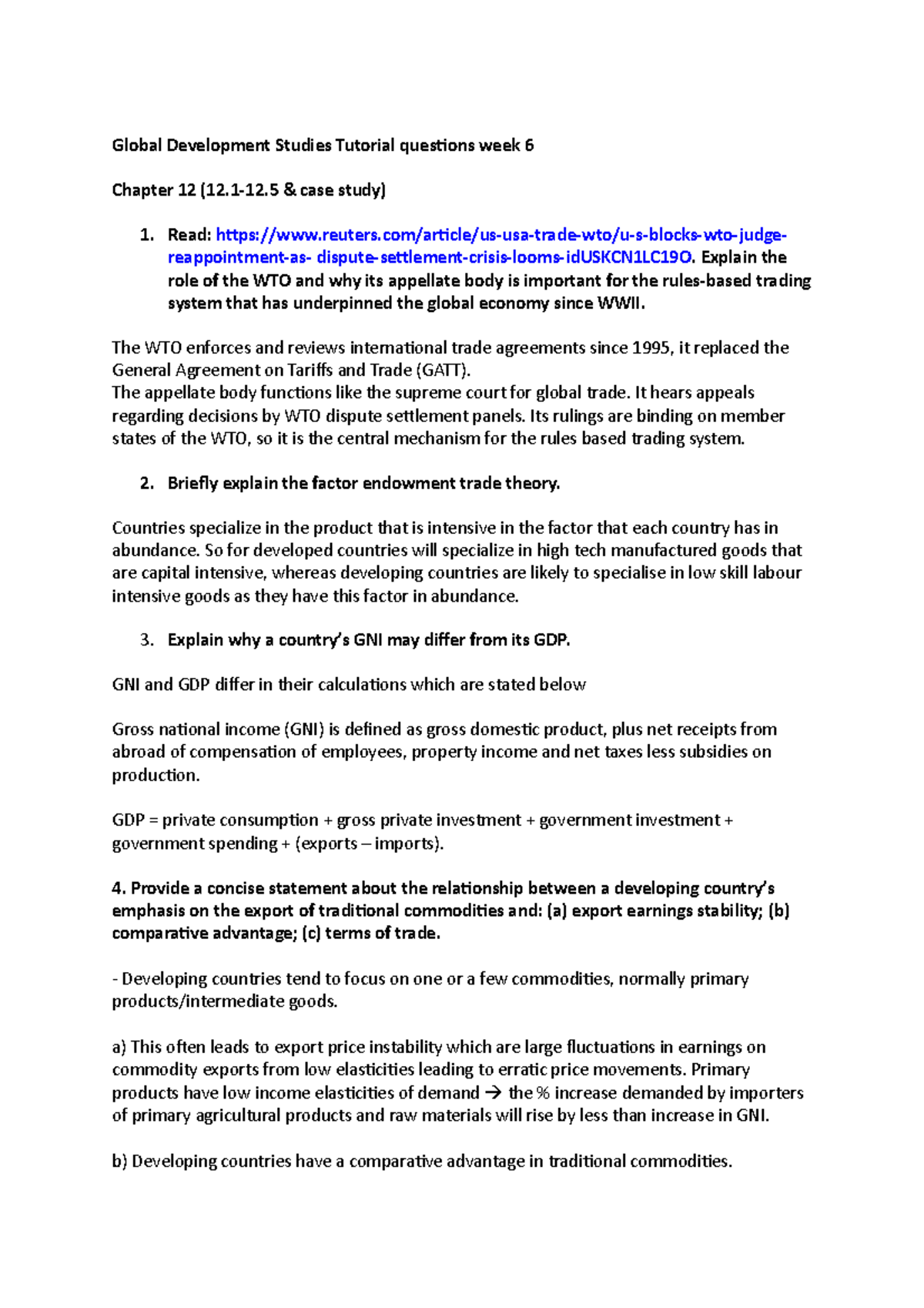 Global Development Studies Tutorial questions week 6 - 1-12 & case study) 1. Read: - Studeersnel