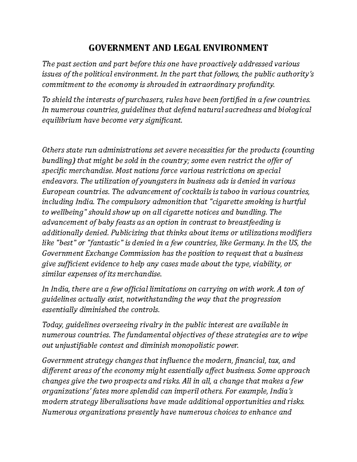 Government AND Legal Environment - GOVERNMENT AND LEGAL ENVIRONMENT The ...