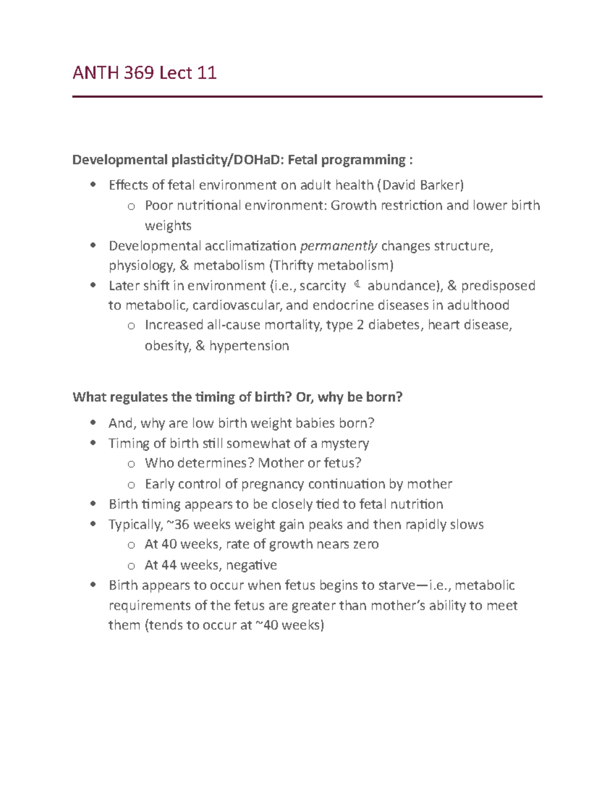 ANTH 369 Lect 11 - Lecture notes 11 - ANTH 369 Lect 11 Developmental ...